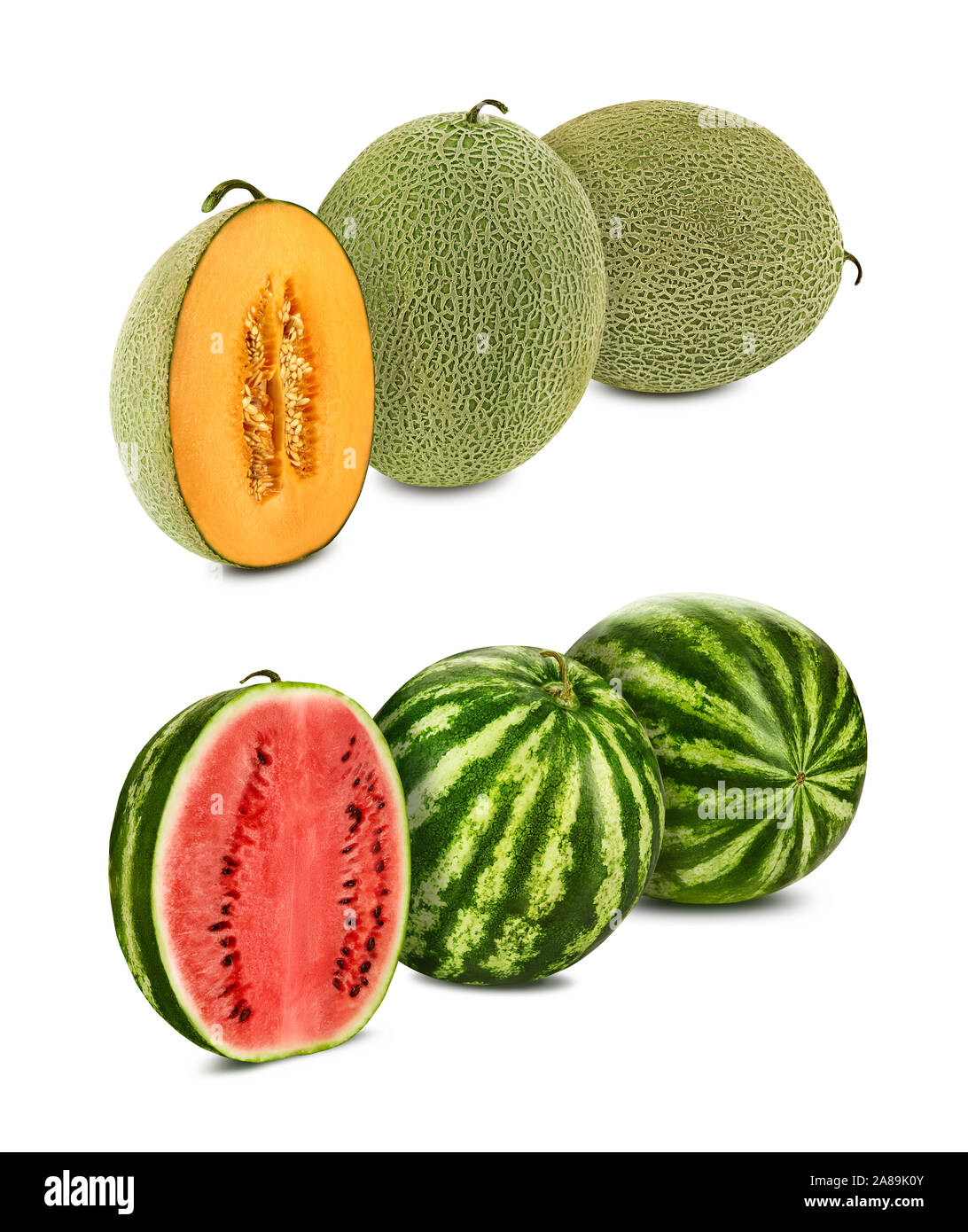 Two green, striped watermelons and two cantaloupe melons with halves in ...