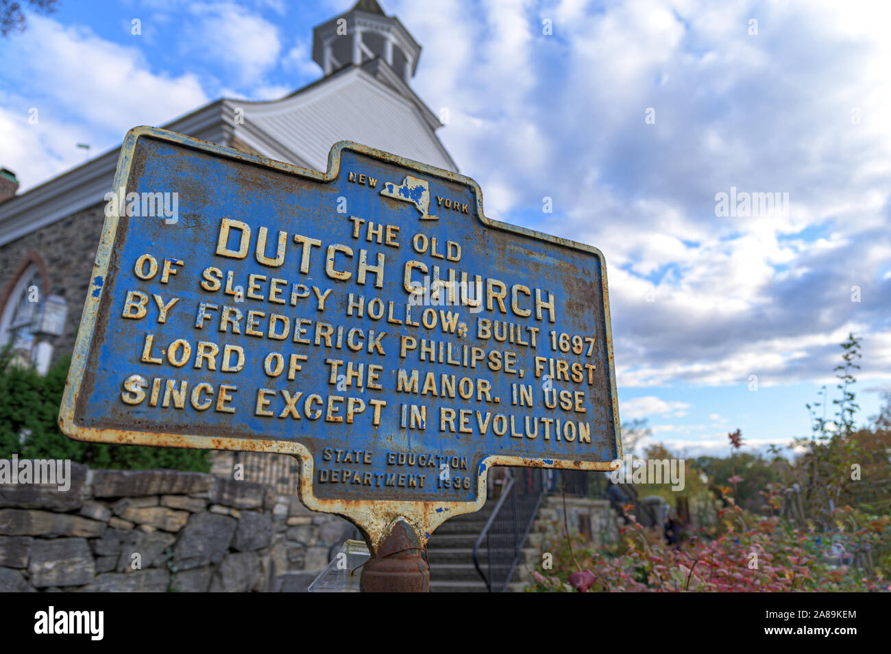 Rusty, old sign with an inscription for the Old Dutch Church in Upstate ...