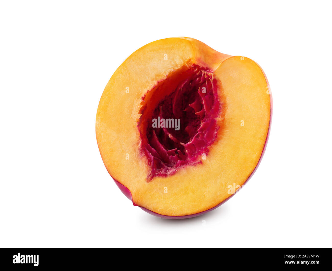 Unpitted, smooth-skinned, sappy half of nectarine fruit isolated on ...
