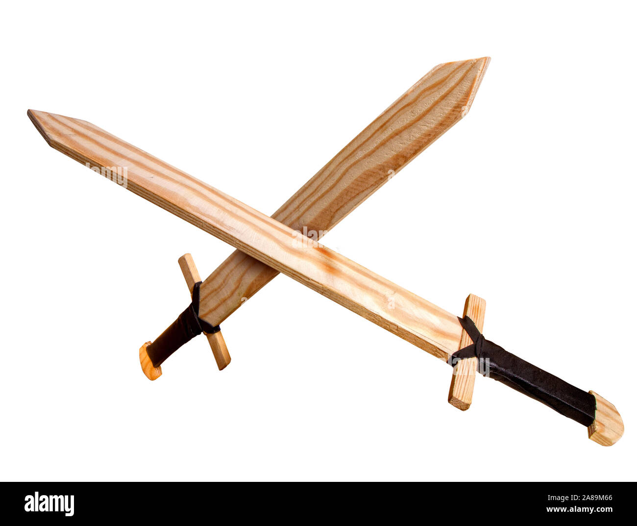 Two wooden rough children's swords imitate fencing isolated on a white ...