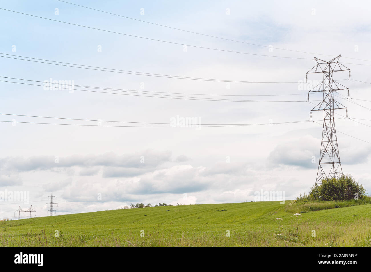 Power lines in green field on summer day. Transportation of electricity ...