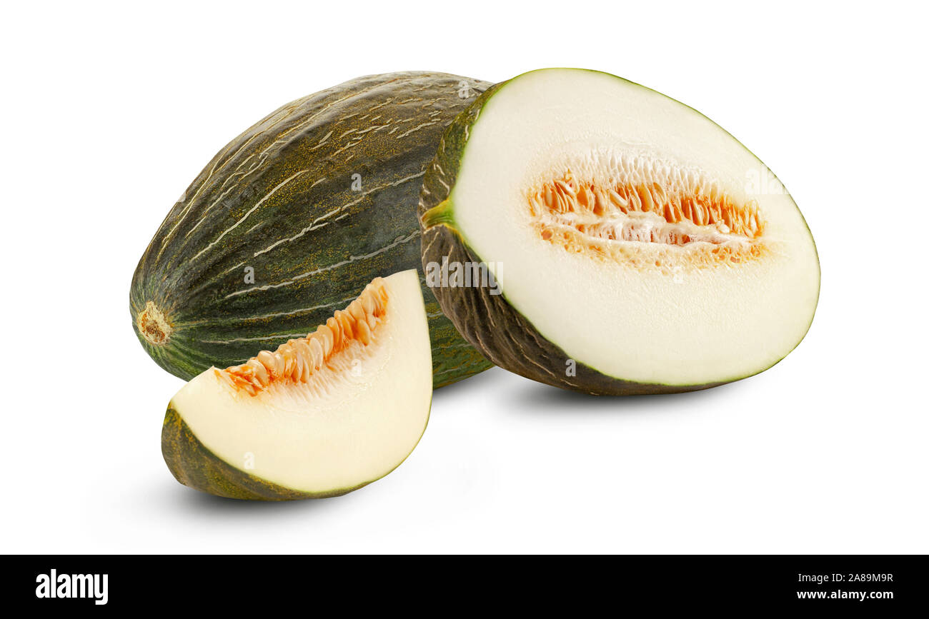 Delicious green tendral melon, one half and slice in a cross-section ...