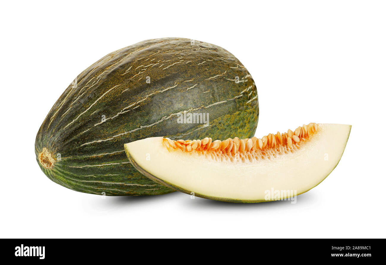 Palatable green tendral melon and a slice in a cross-section, isolated ...