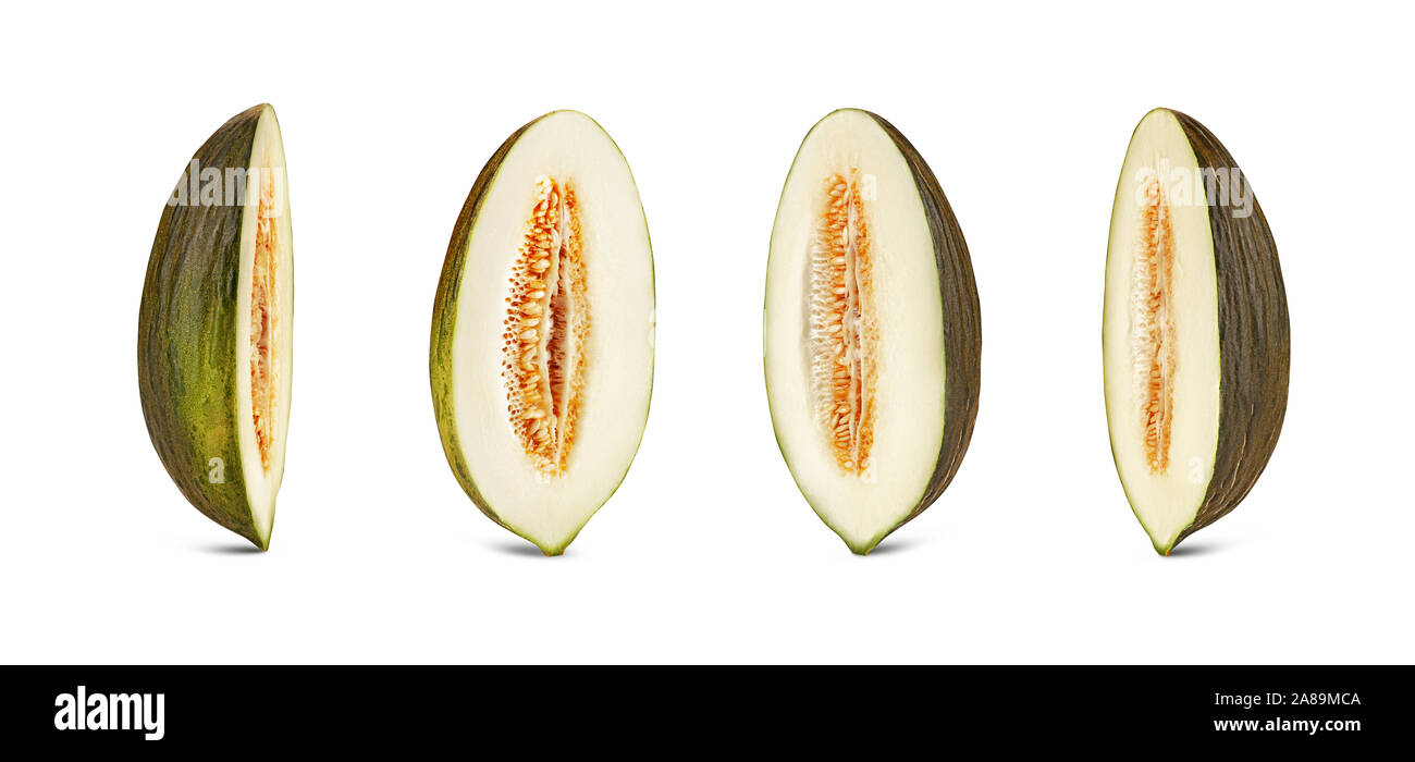 Four halves of yummy green tendral melon in a cross-section, isolated ...
