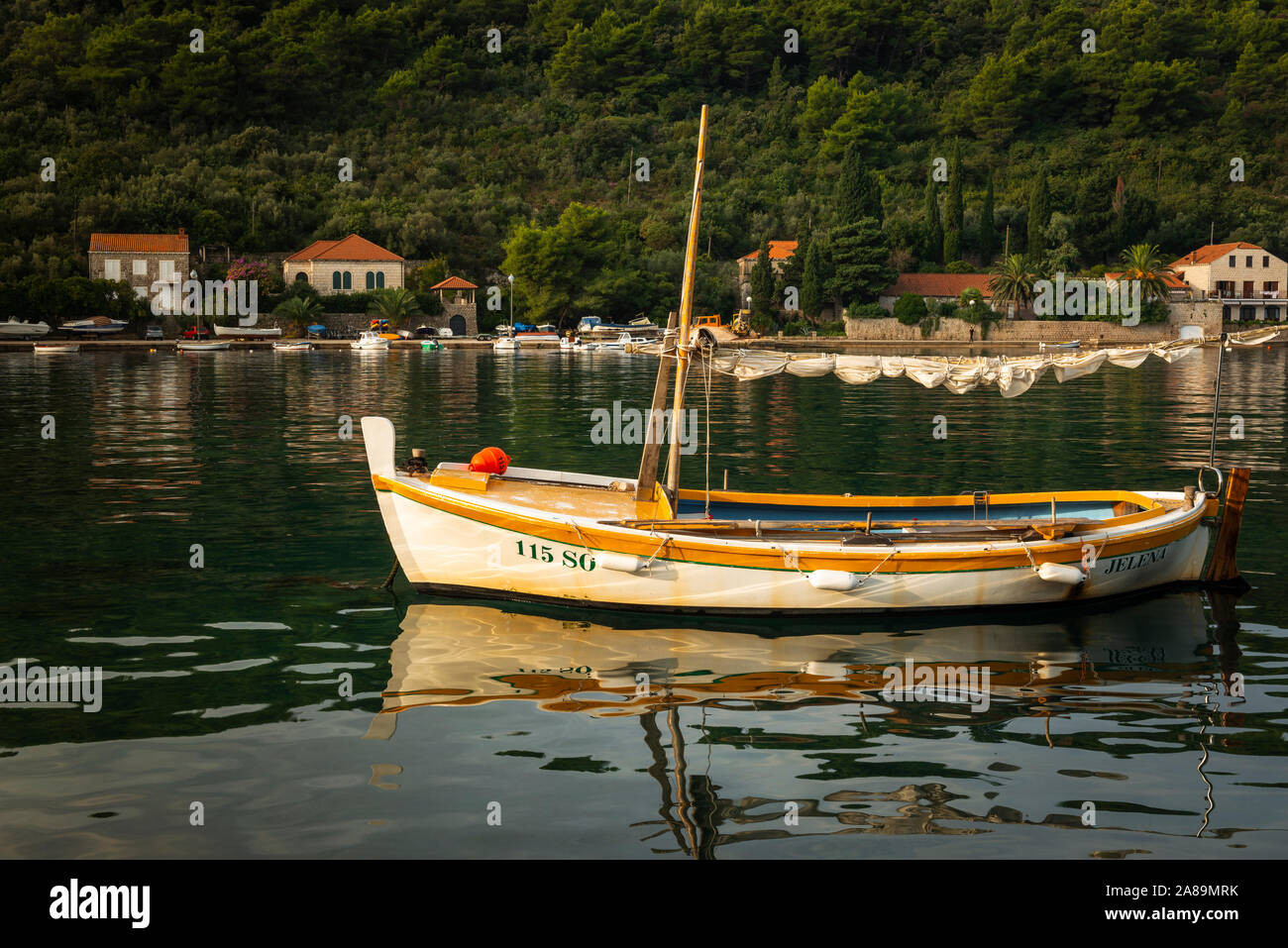 Fishing boat in the bay at Sipanska Luka, Sipan Island, Dalmatian Coast ...