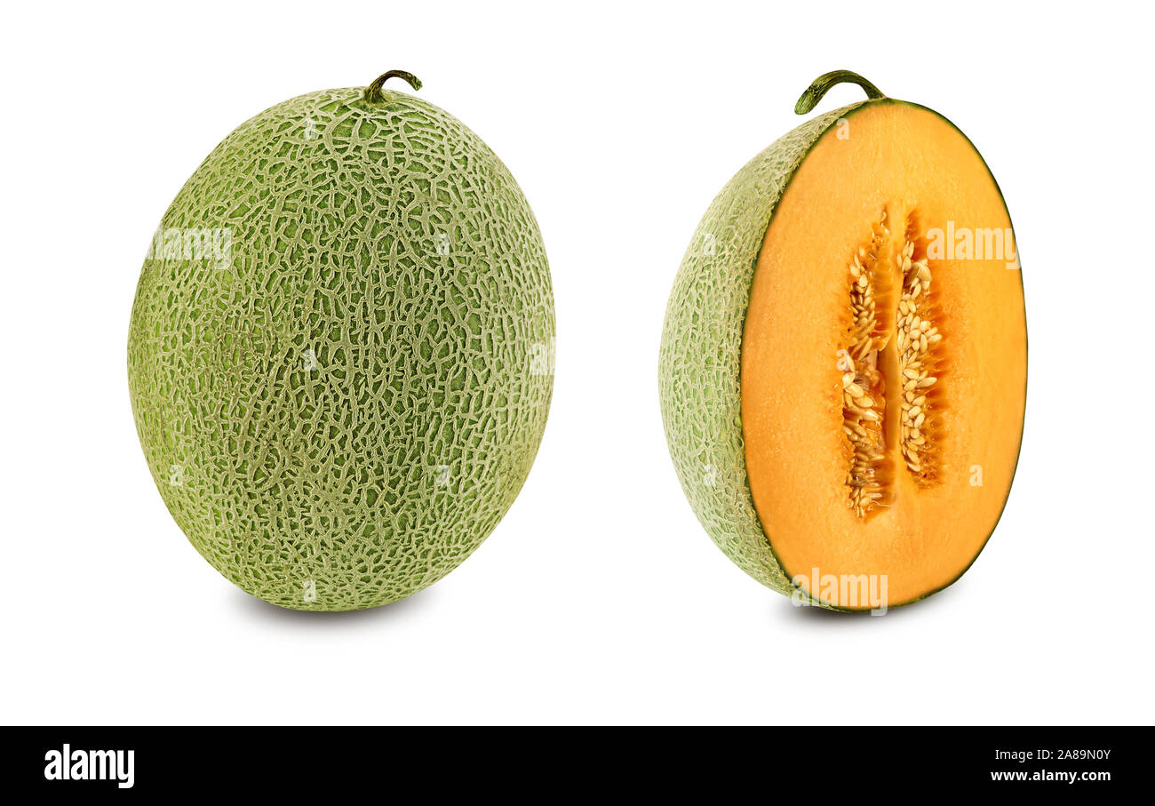 Yummy cantaloupe melon and a half in a cross-section, isolated on white ...