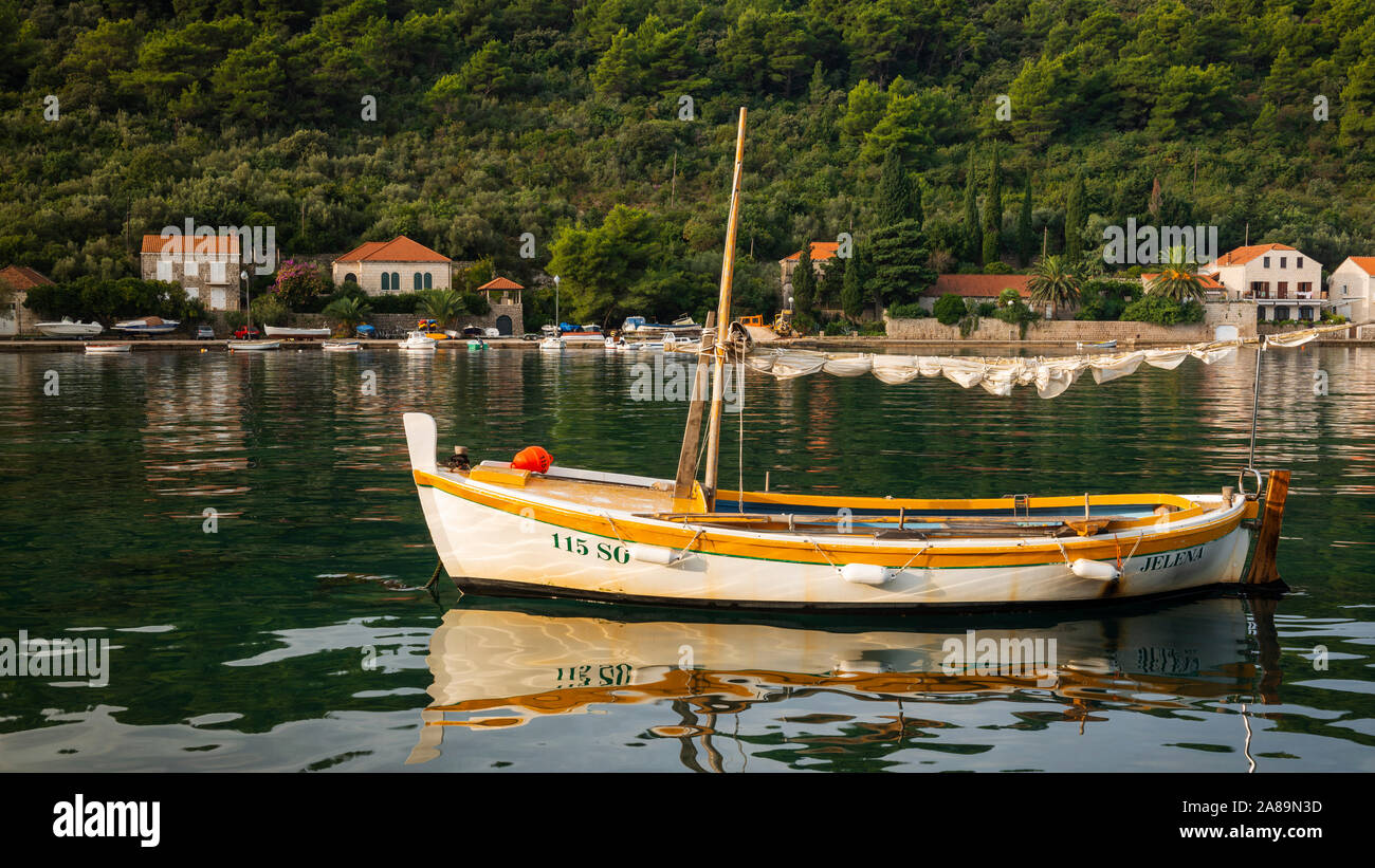 Fishing boat in the bay at Sipanska Luka, Sipan Island, Dalmatian Coast ...