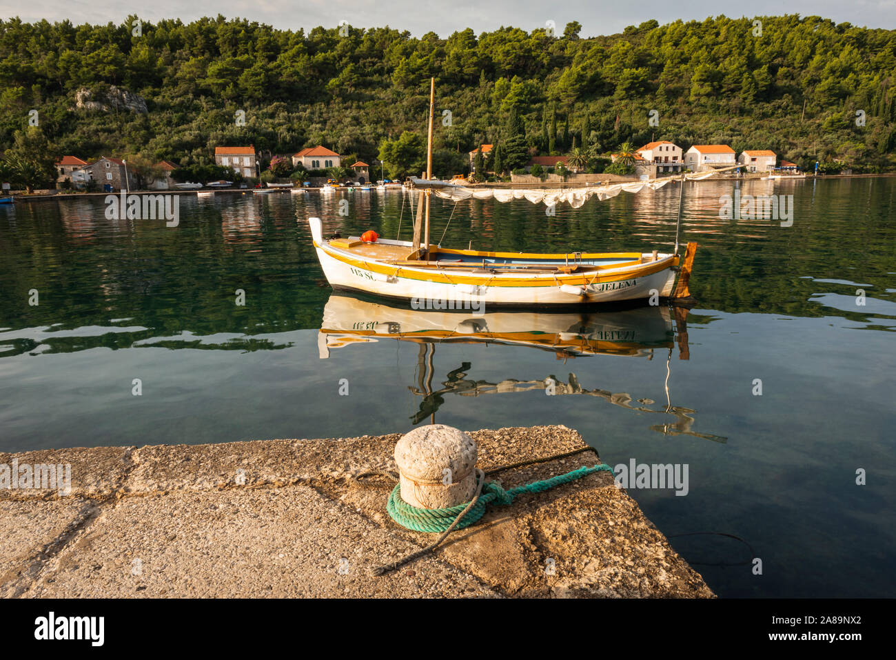 Fishing boat and dock, Sipanska Luka, Sipan Island, Dalmatian Coast ...