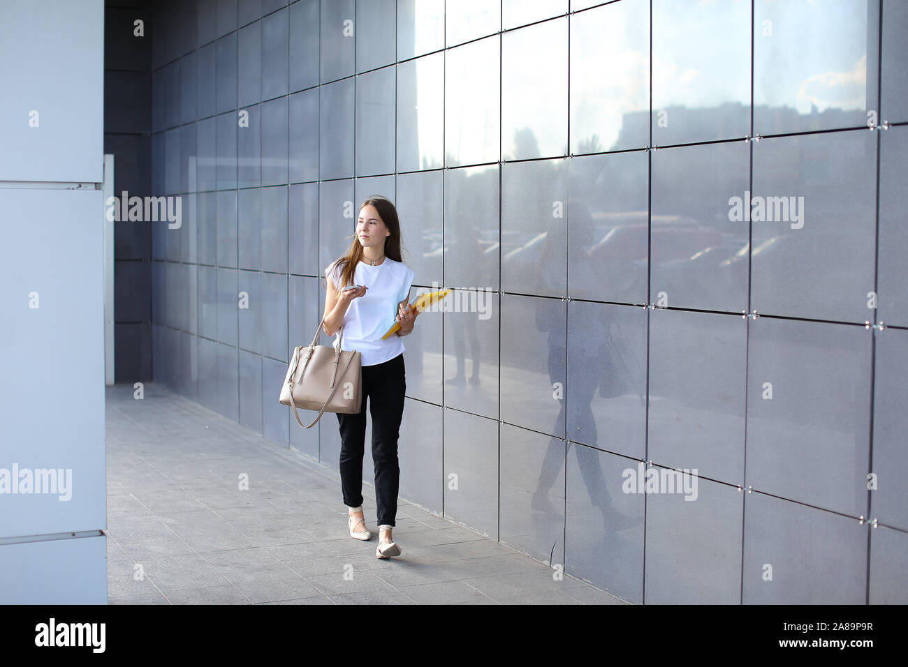 Business woman girl work business center look at documents Stock Photo ...