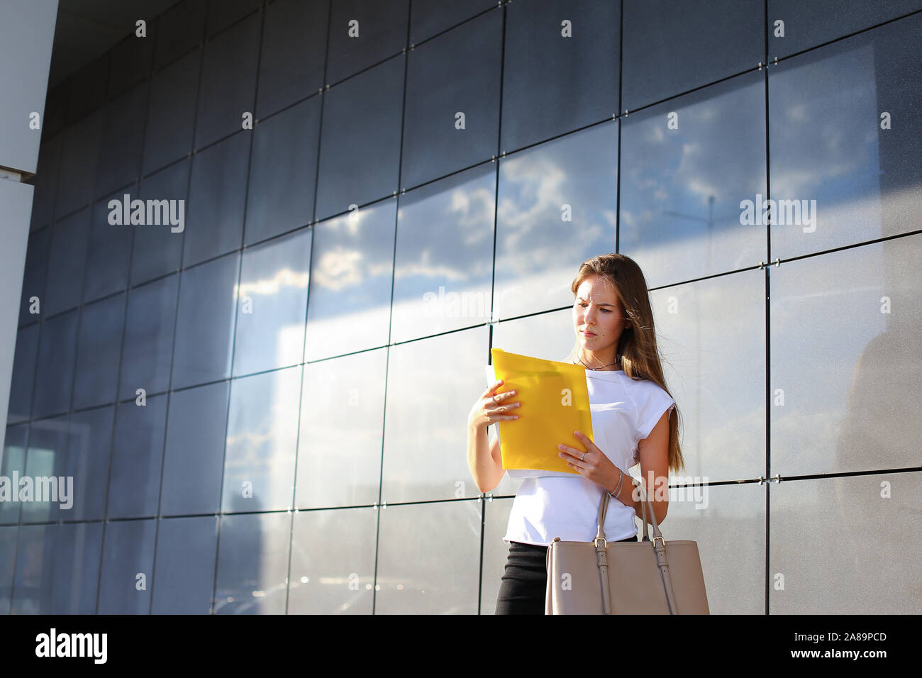Business woman girl work business center look at documents Stock Photo ...