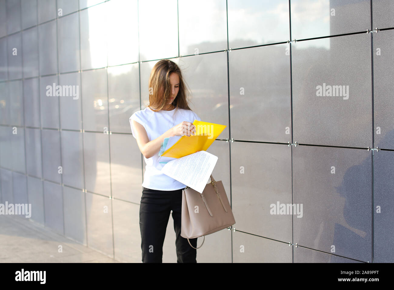 Business woman girl work business center look at documents Stock Photo ...
