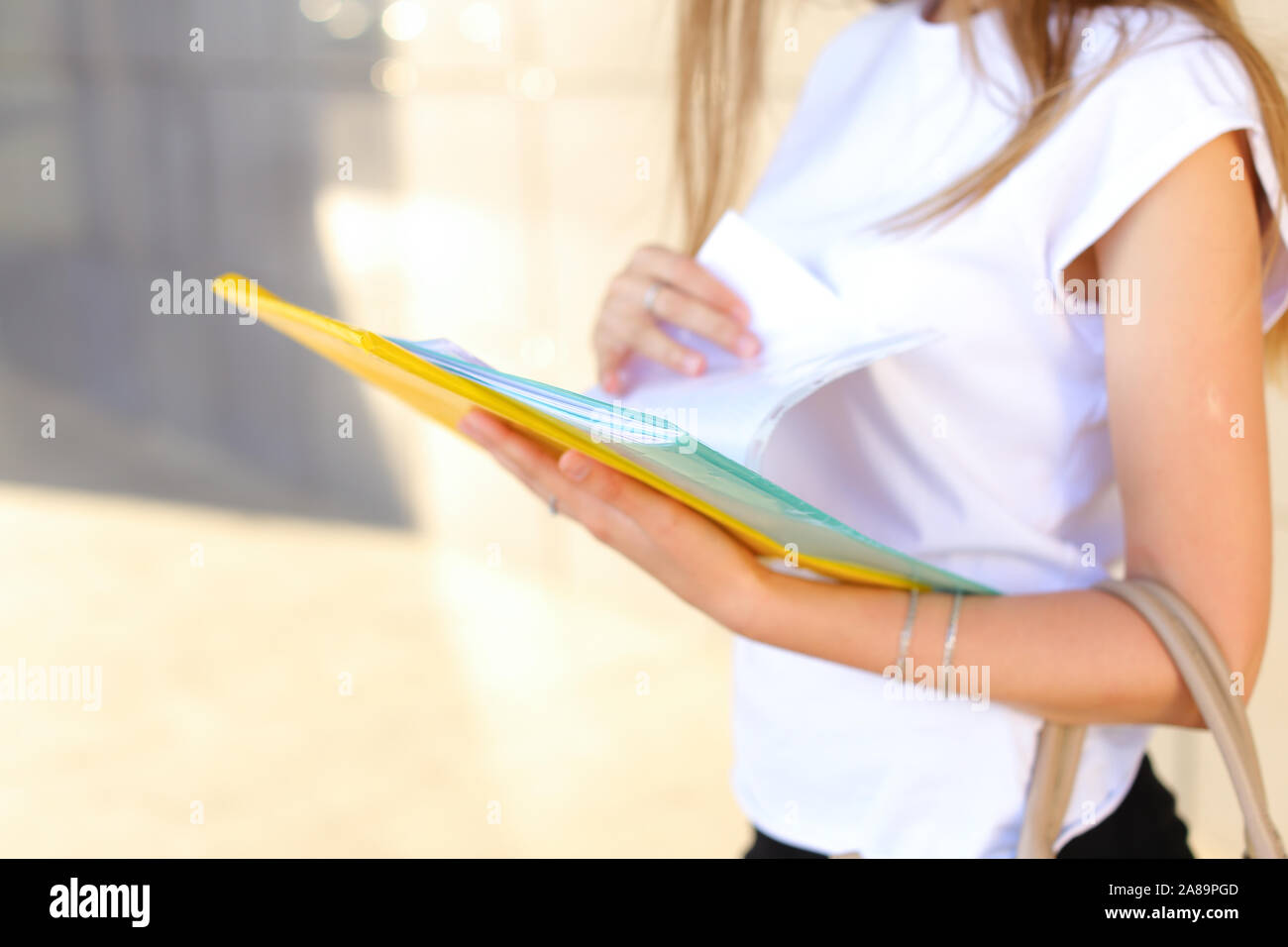 Business woman girl work business center look at documents Stock Photo ...