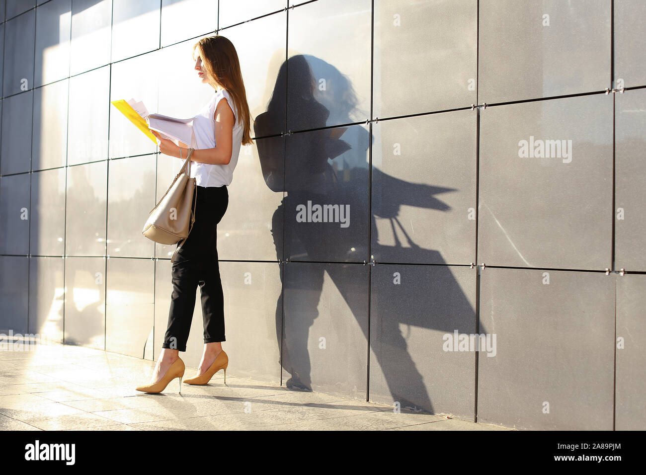 Business woman girl work business center look at documents Stock Photo ...