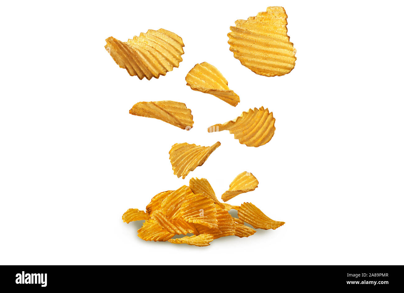 Palatable potato crisps falling down, isolated on white background with ...