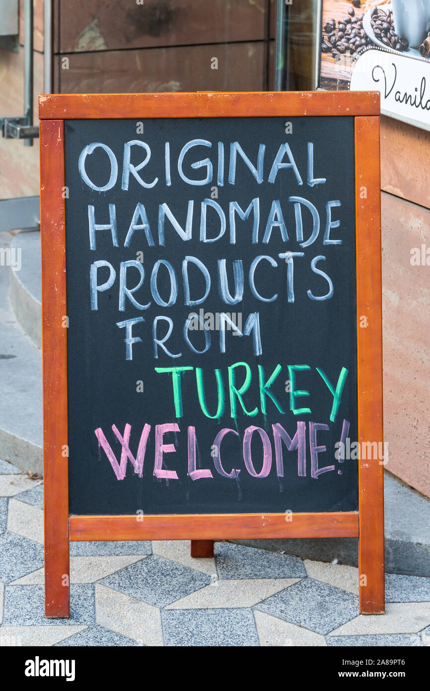 Blackboard advertising handmade products from Turkey Stock Photo - Alamy