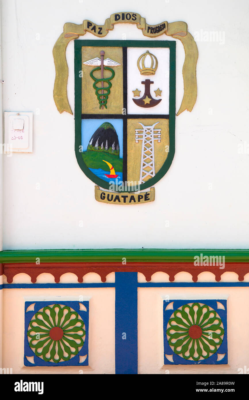 GUATAPE, COLOMBIA - SEPTEMBER 11, 2019: Detail from colorful facade on ...