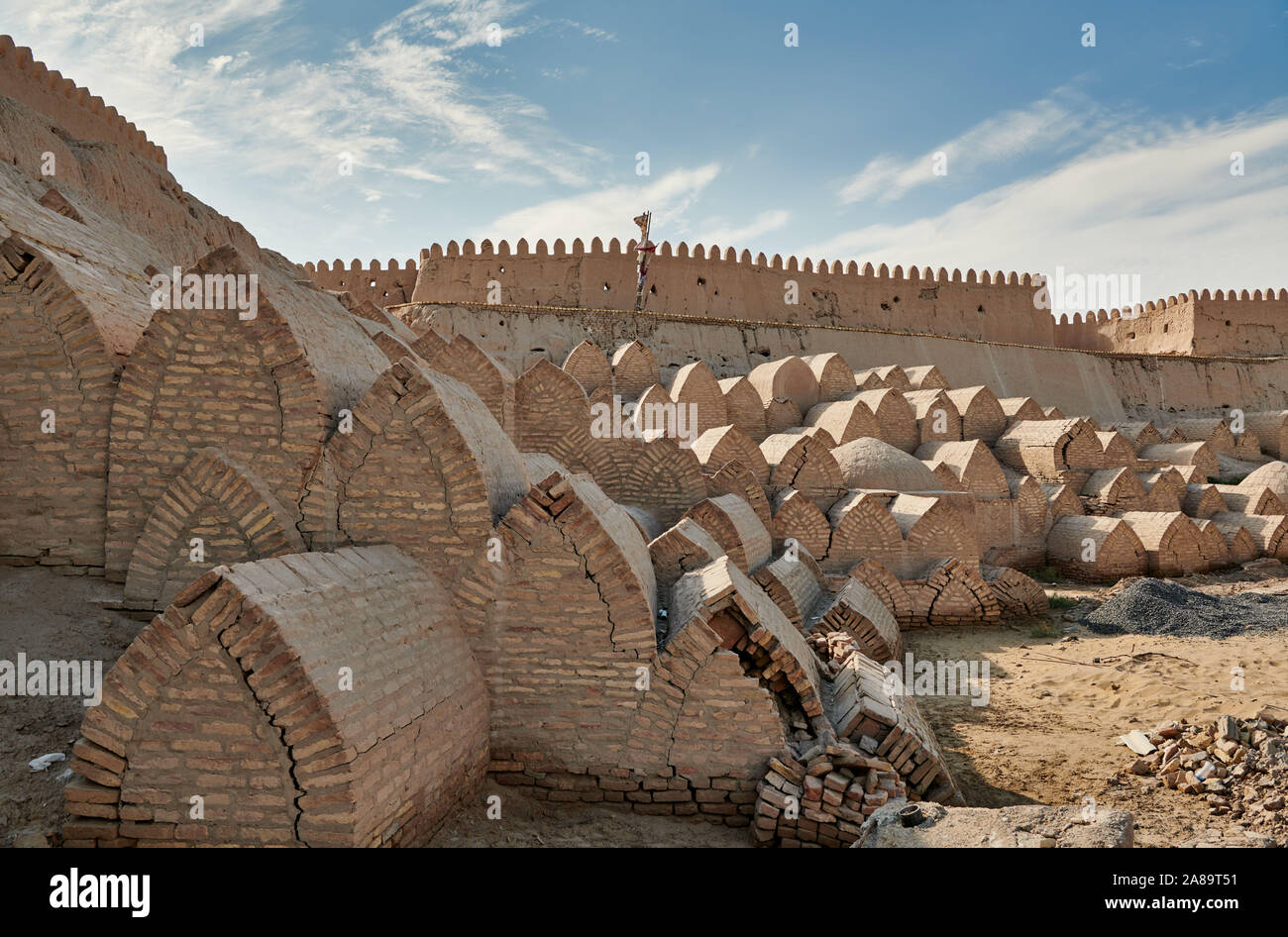 city wall of Itchan-Kala with included graves, Khiva, Uzbekistan ...