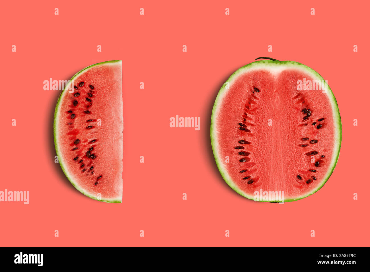 Half of a green, striped, yummy watermelon with a slice in a cross ...