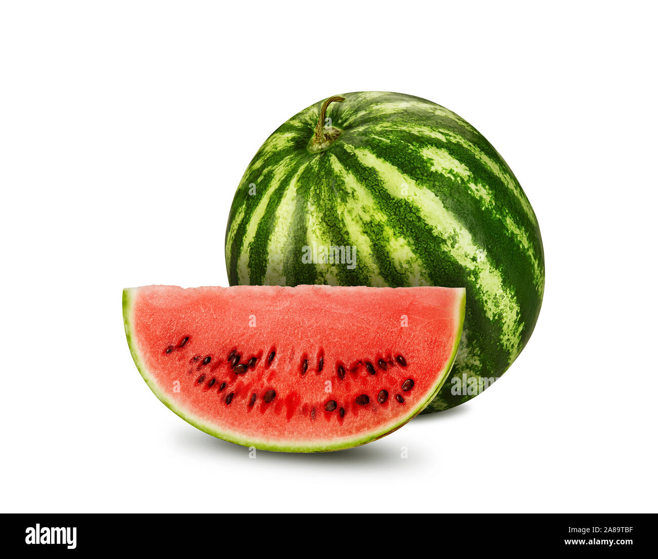 Green, striped, tasty watermelon with a slice in a cross-section ...