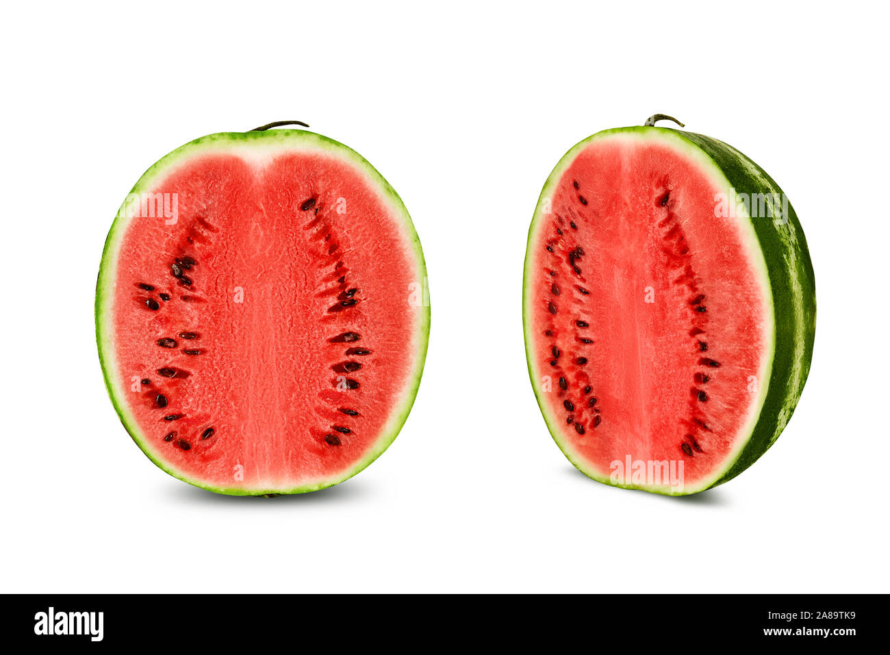 Two halfs of a green, striped, delicious watermelon in a cross-section ...