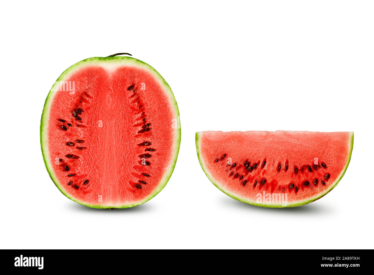 Half of a green, striped, ripe watermelon with a slice in a cross ...