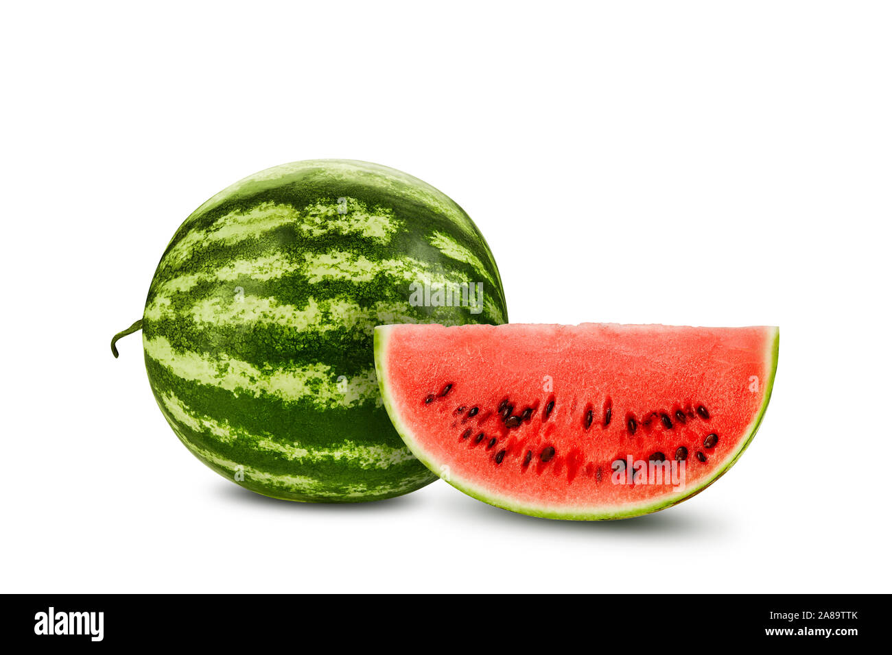 Green, striped, delicious watermelon with a slice in a cross-section ...