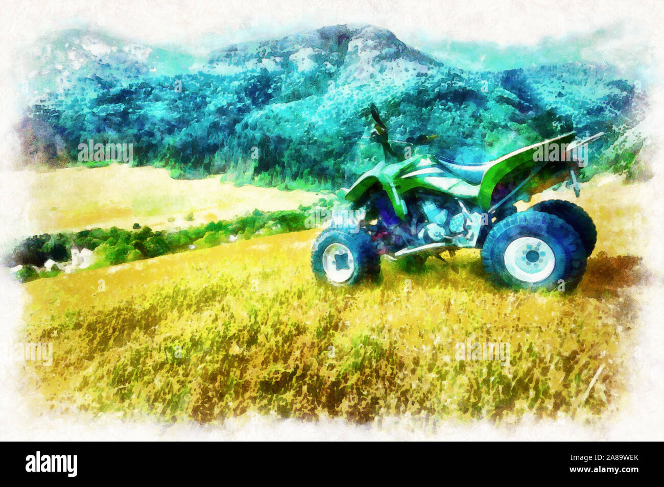 Green Quad in landscape. Computer painting effect Stock Photo - Alamy