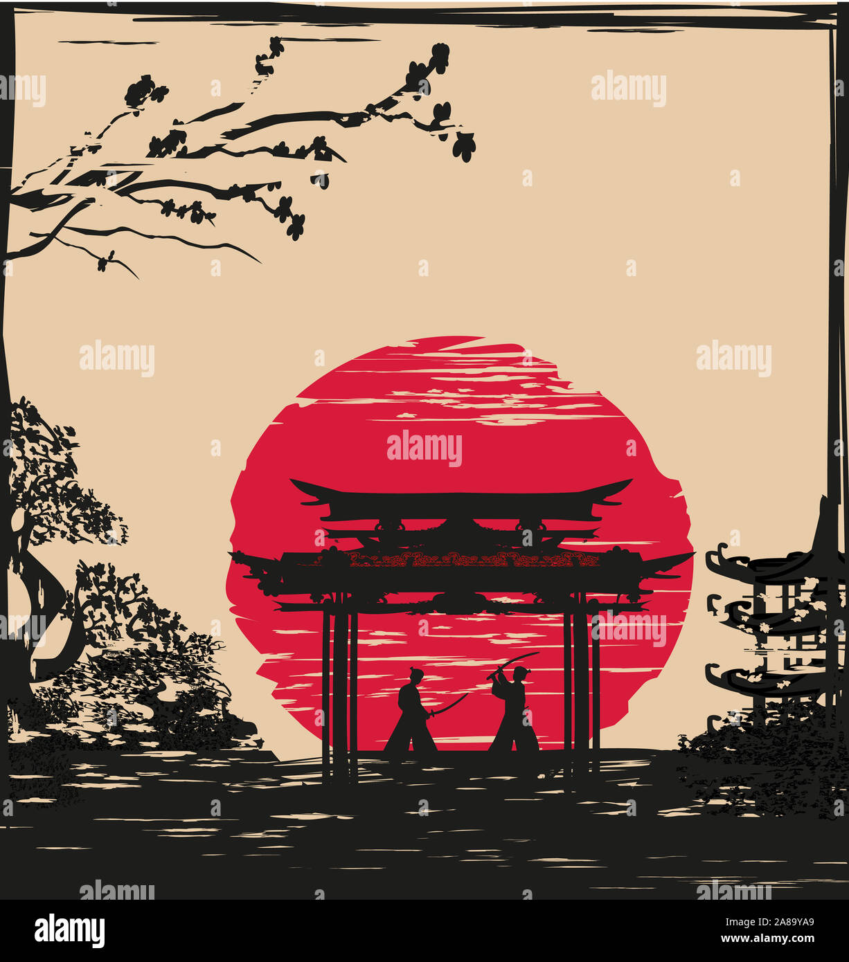 Japanese Samurai fighters silhouette on Asian landscape Stock Photo - Alamy