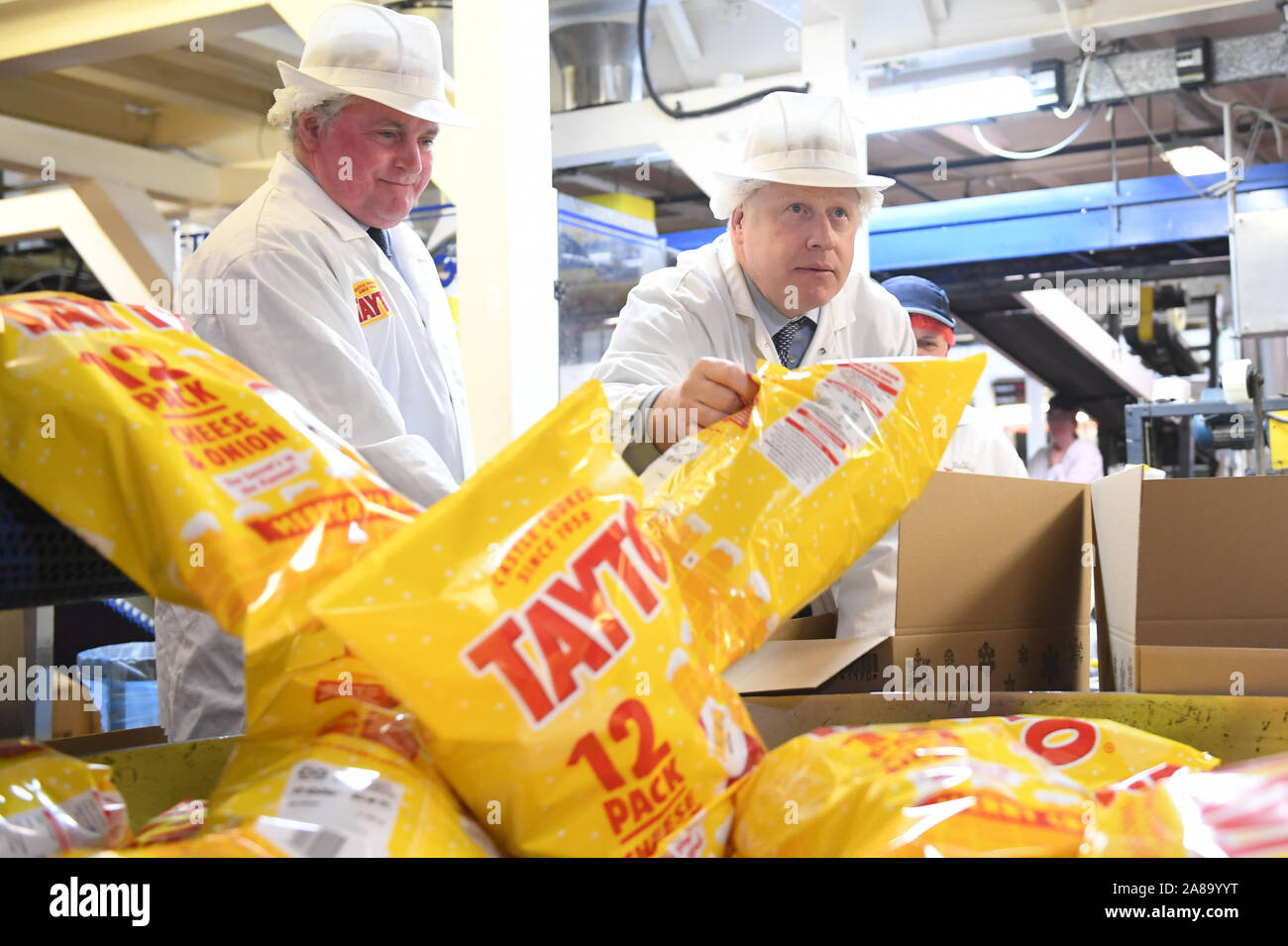 Prime Minister Boris Johnson during a visit to Tayto Castle crisp ...
