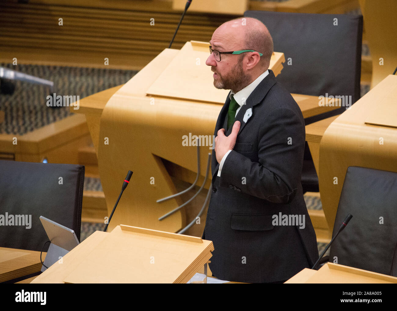 Edinburgh, UK. 7 November 2019.Pictured: Patrick Harvie MSP - Co Leader ...