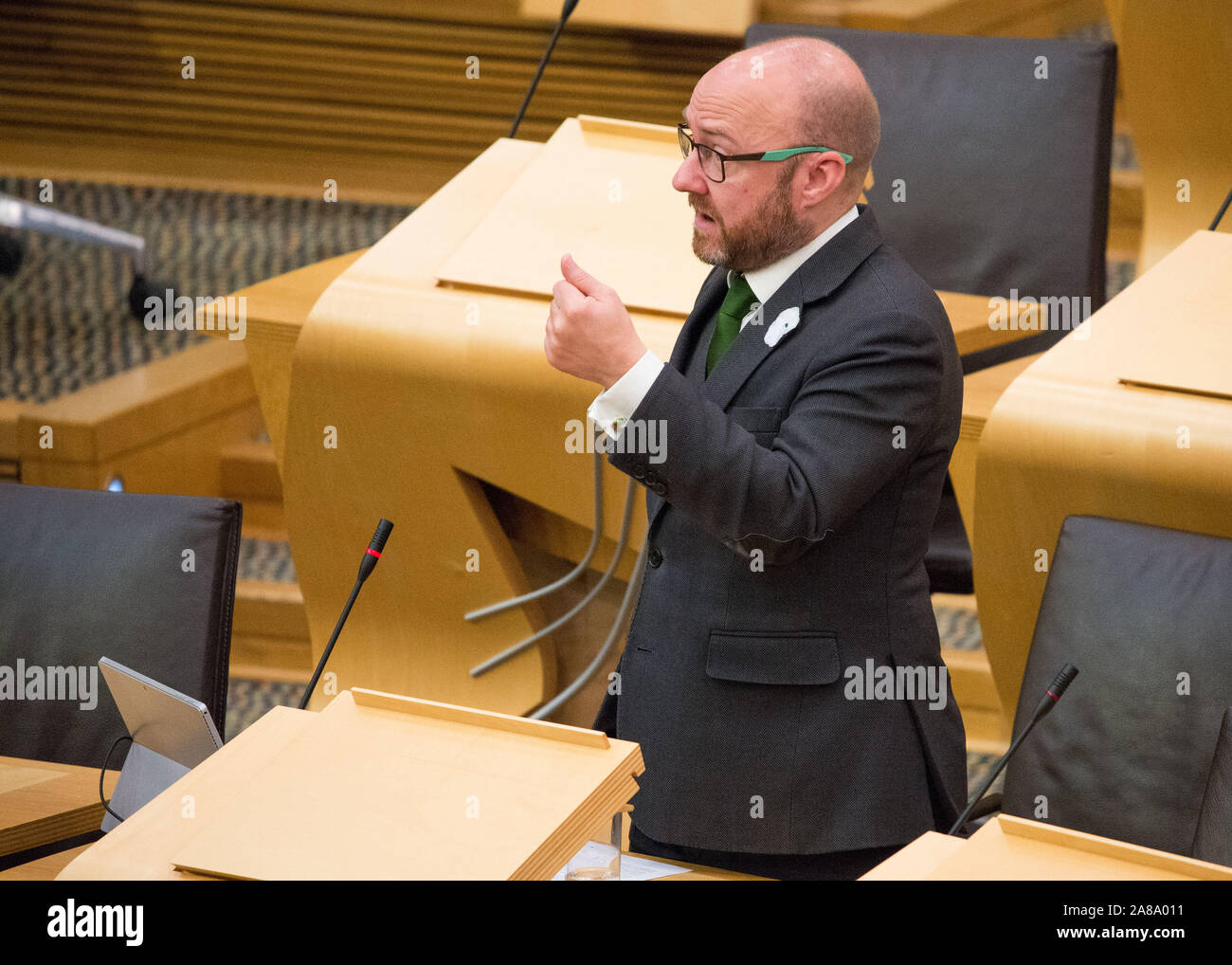 Edinburgh, UK. 7 November 2019.Pictured: Patrick Harvie MSP - Co Leader ...