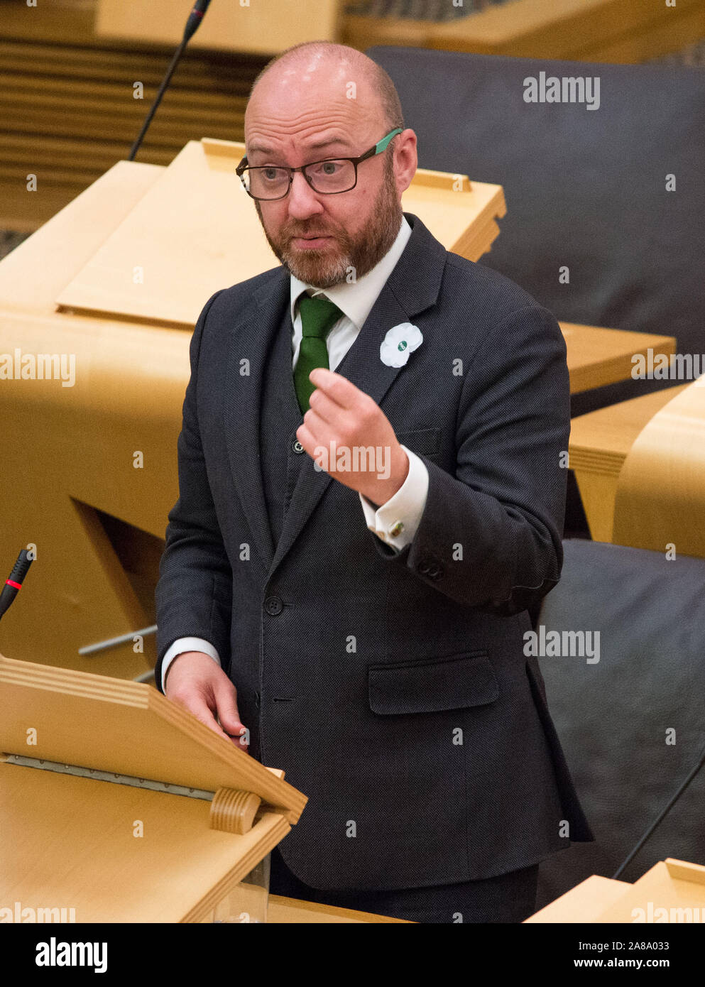 Edinburgh, UK. 7 November 2019.Pictured: Patrick Harvie MSP - Co Leader ...