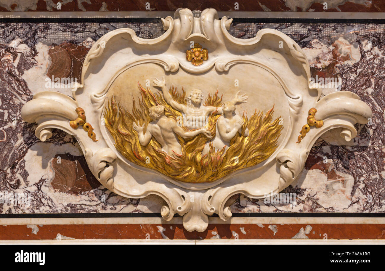 RIVA DEL GARDA, ITALY - JUNE 13, 2019: The baroque marble relief of the ...