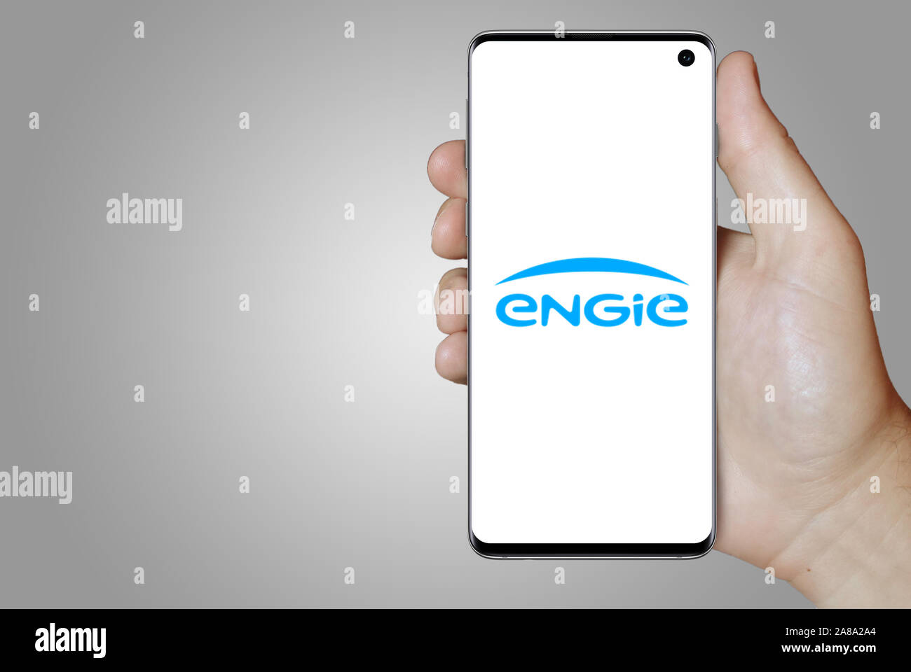 Logo of public company Engie displayed on a smartphone. Grey background ...