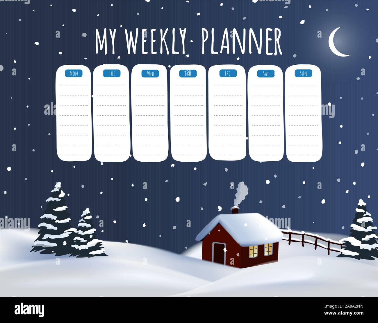 Vector winter snowfall night hand drawn weekly planner, schedule ...