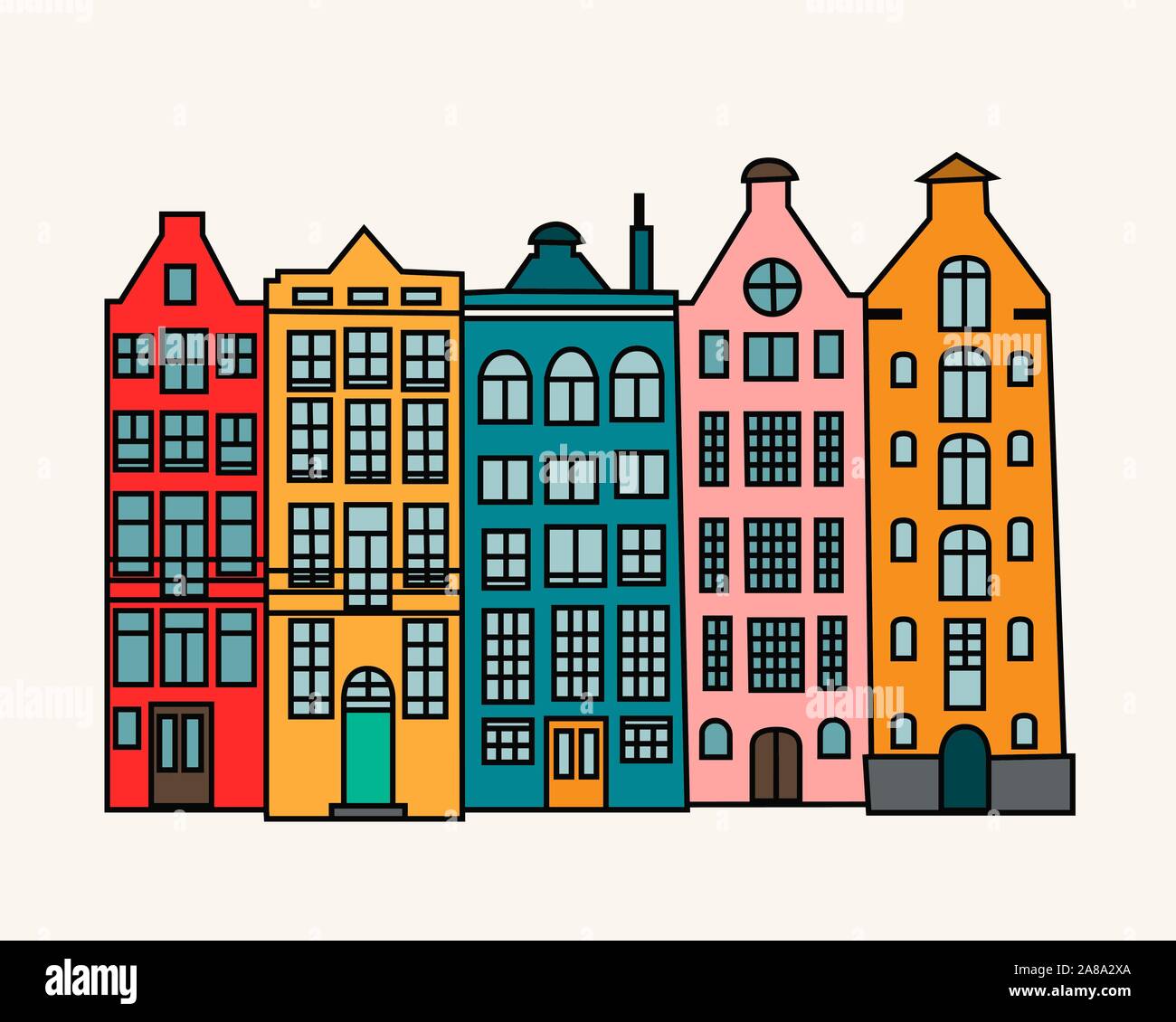 Set of colorful old hand drawn european multistory buildings, Amsterdam ...
