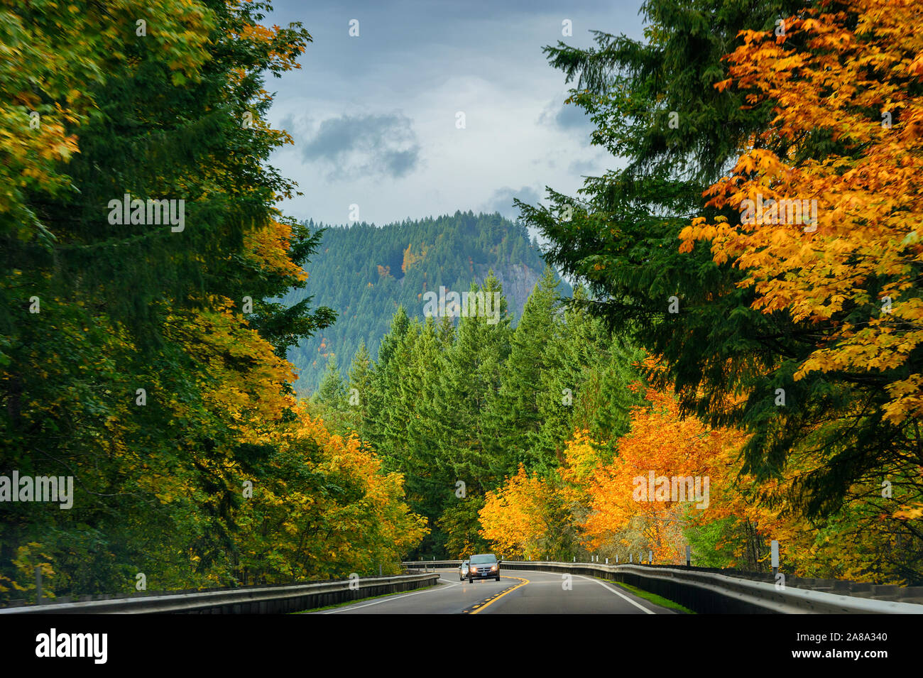 Autumn colors on Oregon's Highway 58 in the Cascade Mountains,seen from ...
