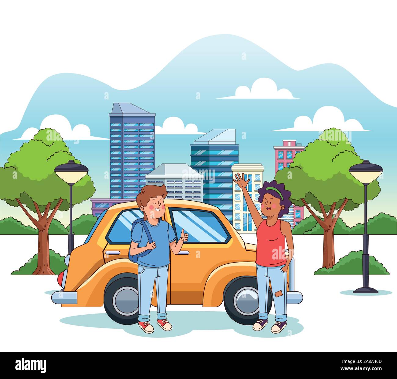 cartoon teen girl and boy over yellow car Stock Vector Image & Art - Alamy