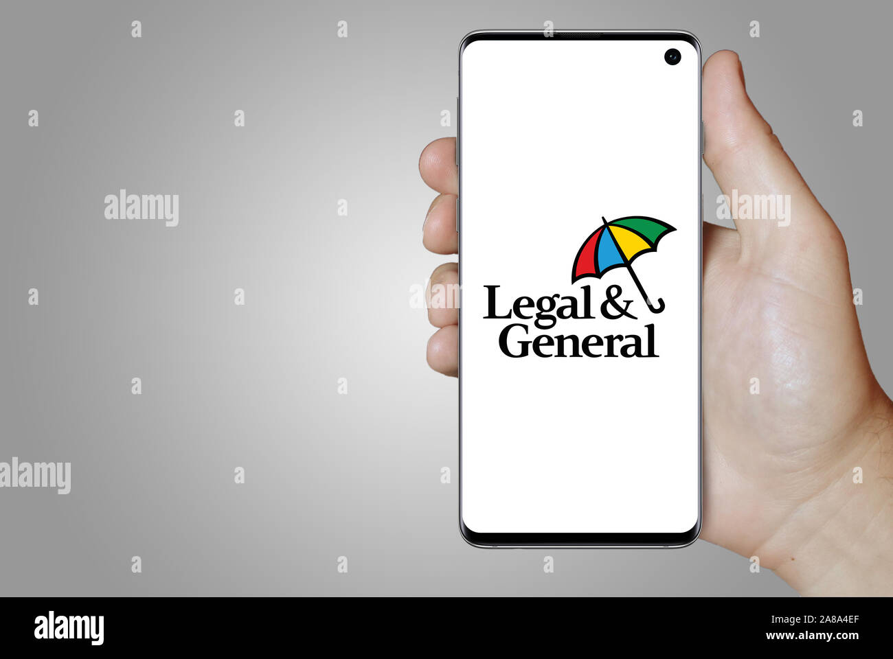Logo of public company Legal & General displayed on a smartphone. Grey ...