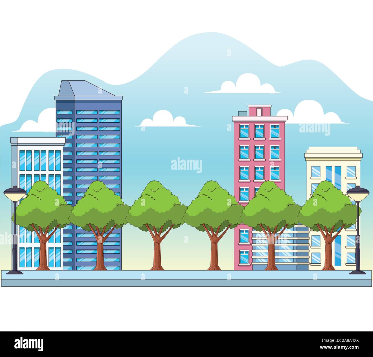 city urban landscape with buildings and trees, colorful design Stock ...