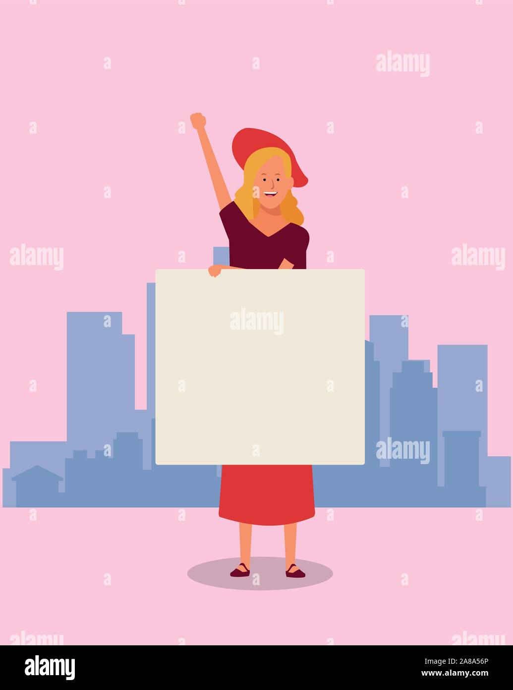cartoon woman standing with blank poster over city buildings landscape ...