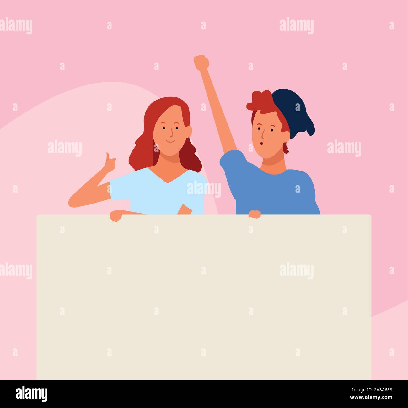 cartoon woman and man with blank placards, colorful design Stock Vector ...