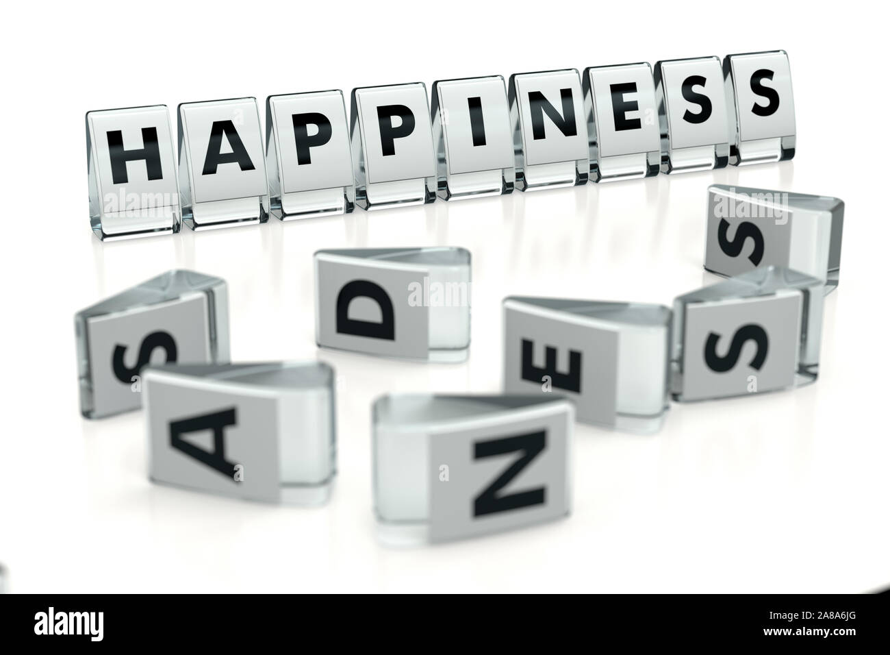 HAPPINESS word written on glossy blocks and fallen over blurry blocks ...
