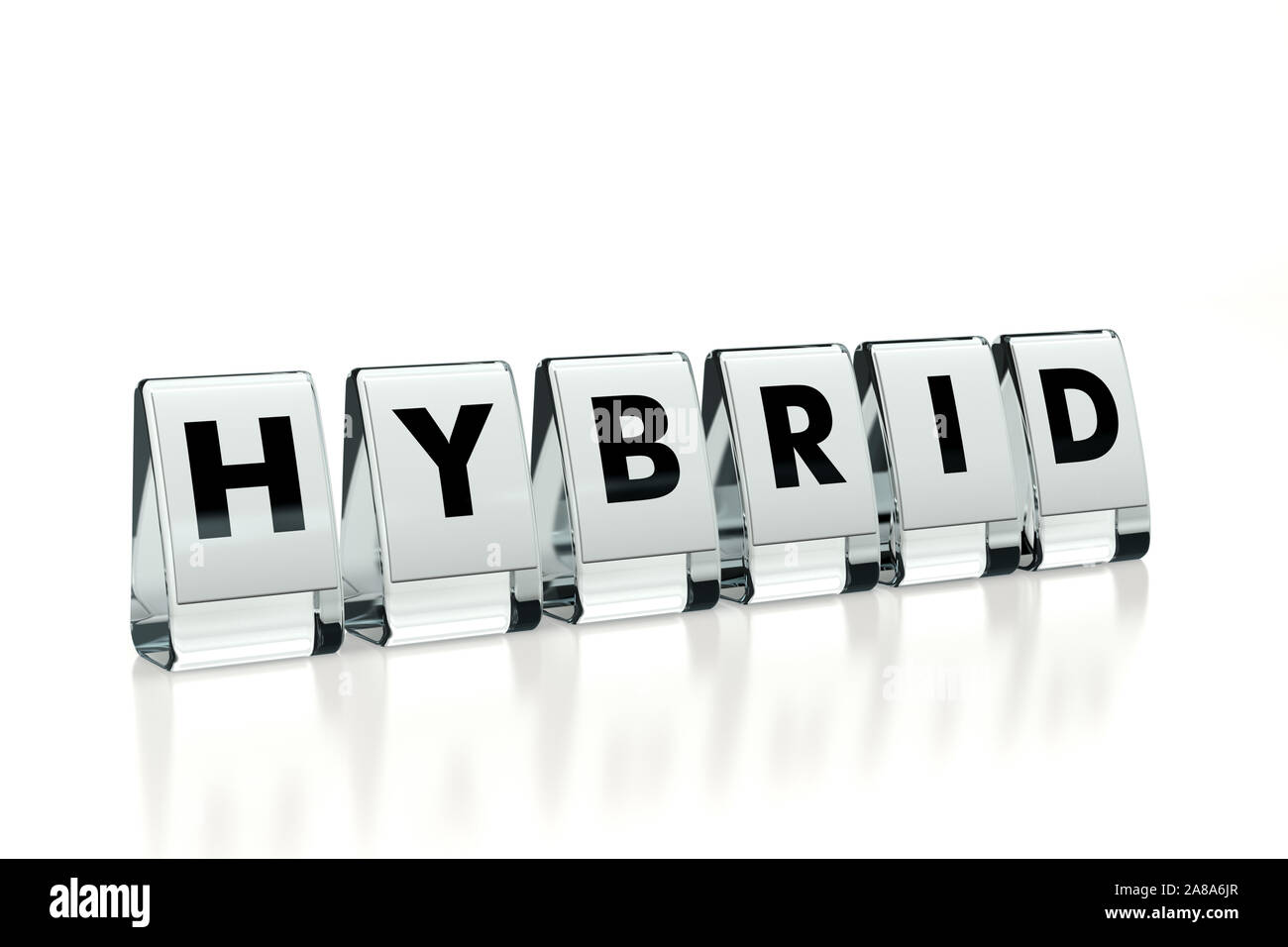 HYBRID word written on glossy blocks isolated on white background ...