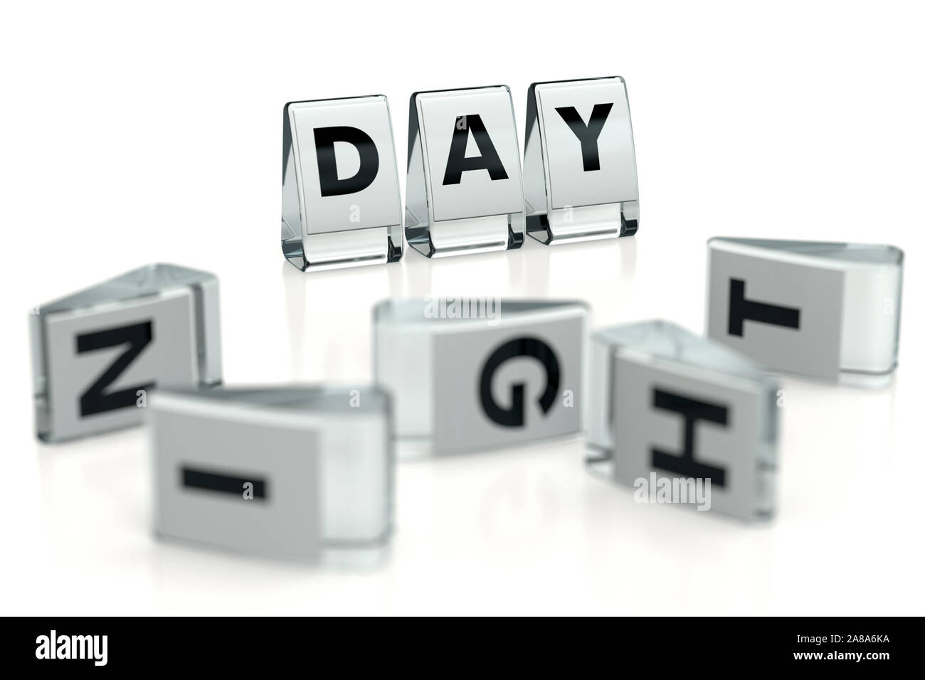 DAY word written on glossy blocks and fallen over blurry blocks with ...