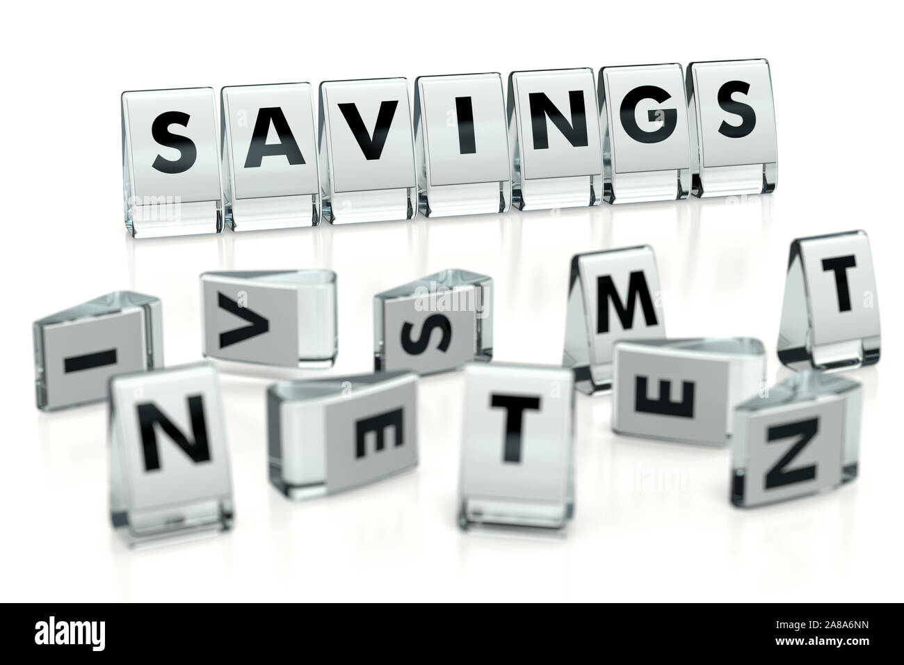 SAVINGS word written on glossy blocks and fallen over blurry blocks ...
