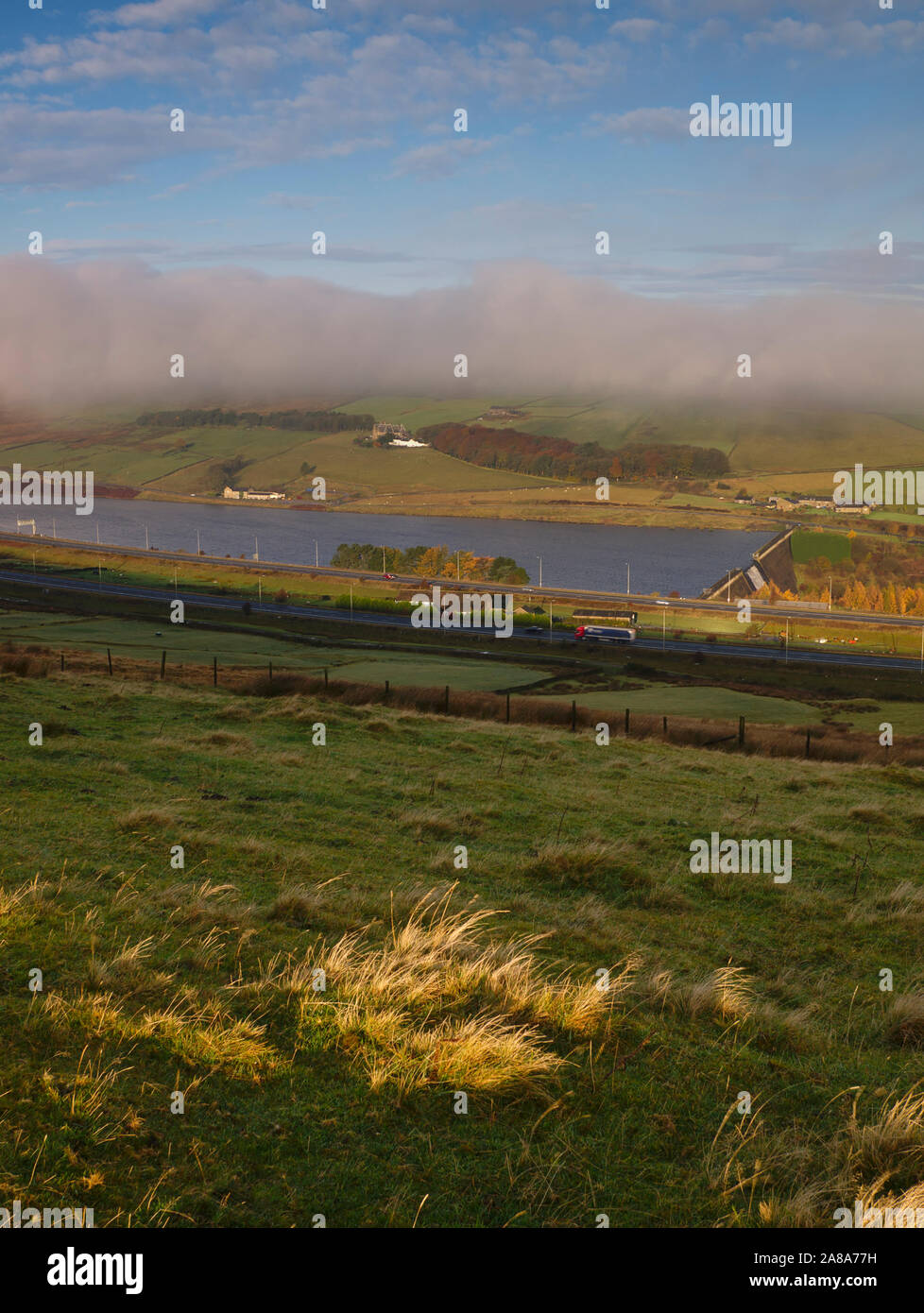 Stott Hall Farm, Booth Wood Reservoir & M62 in the mist & fog from the ...