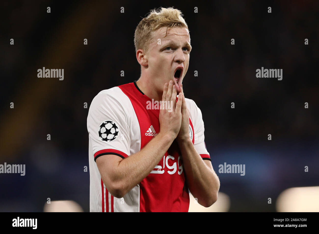 Donny van de Beek of Ajax reacts after drawing 4-4 with Chelsea ...