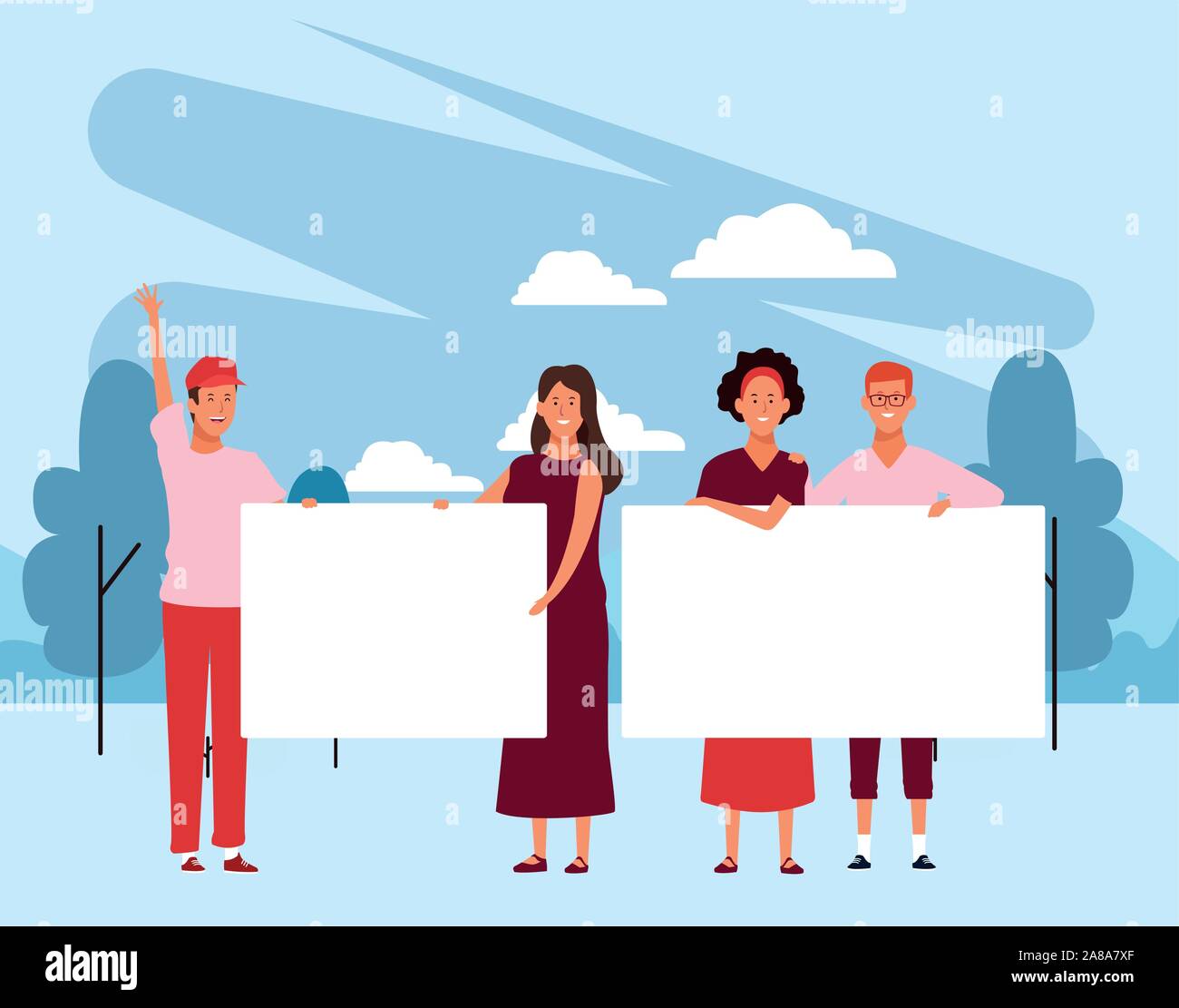 cartoon young people protesting with blank posters in the park ...