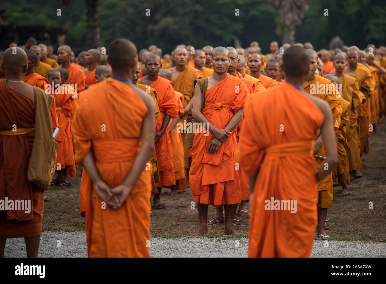 Large group of Buddhist monks during the celebration of the Visak ...
